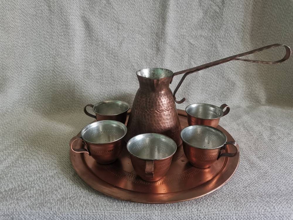 Vintage Pure Copper Turkish Coffee Set of Cezve and 6 Cups on Tray ...