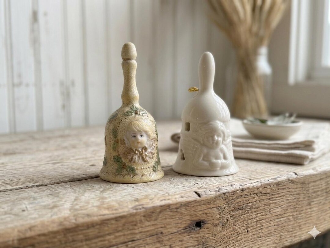 Vintage Rustic Victorian Porcelain Ceramic Bell Green Yellow, White ...