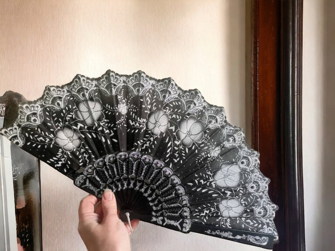 Vintage Black and White Fabric Fan With Brocade, Luxury Hand Fan ...