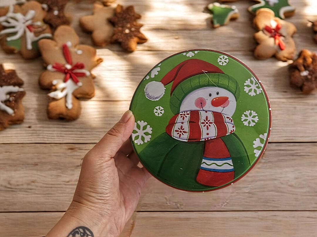 Vintage Christmas Box With Lid, Tin Snowman Cookie Box, Round Green ...