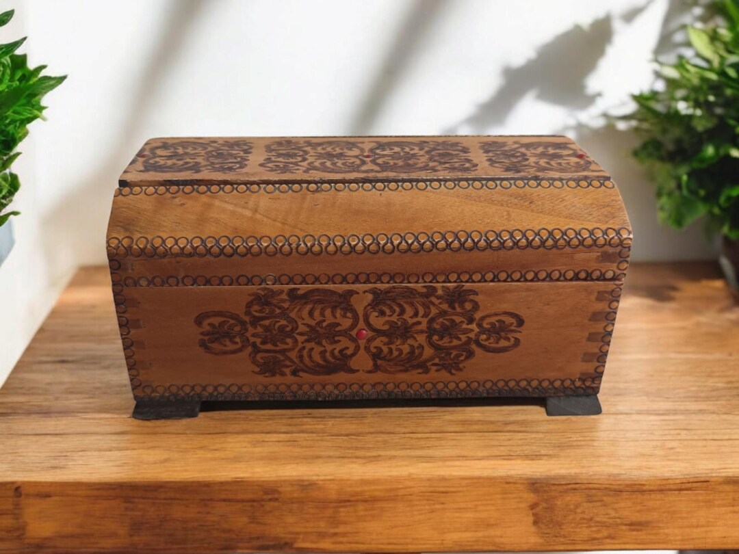 Vintage Wooden Jewellery Chest, Pyrographed Catch All Box, Storage ...
