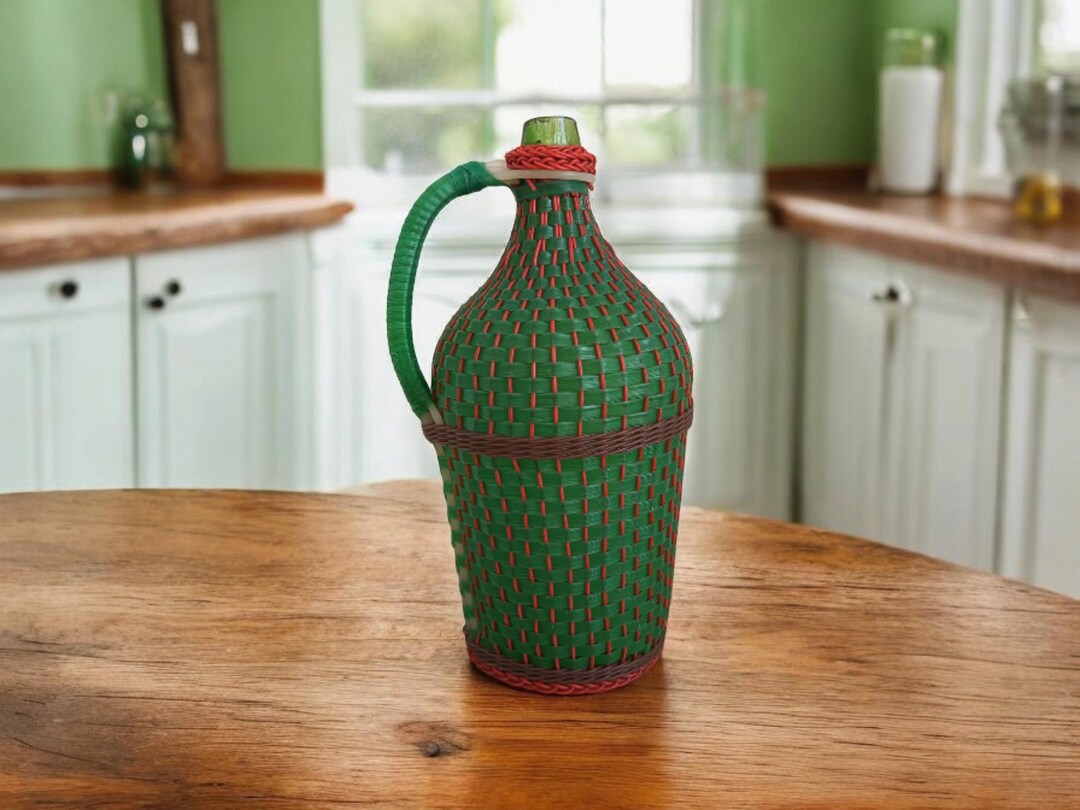Vintage Wicker Demijohn, Green Hand Woven Wine Bottle, French Rustic ...
