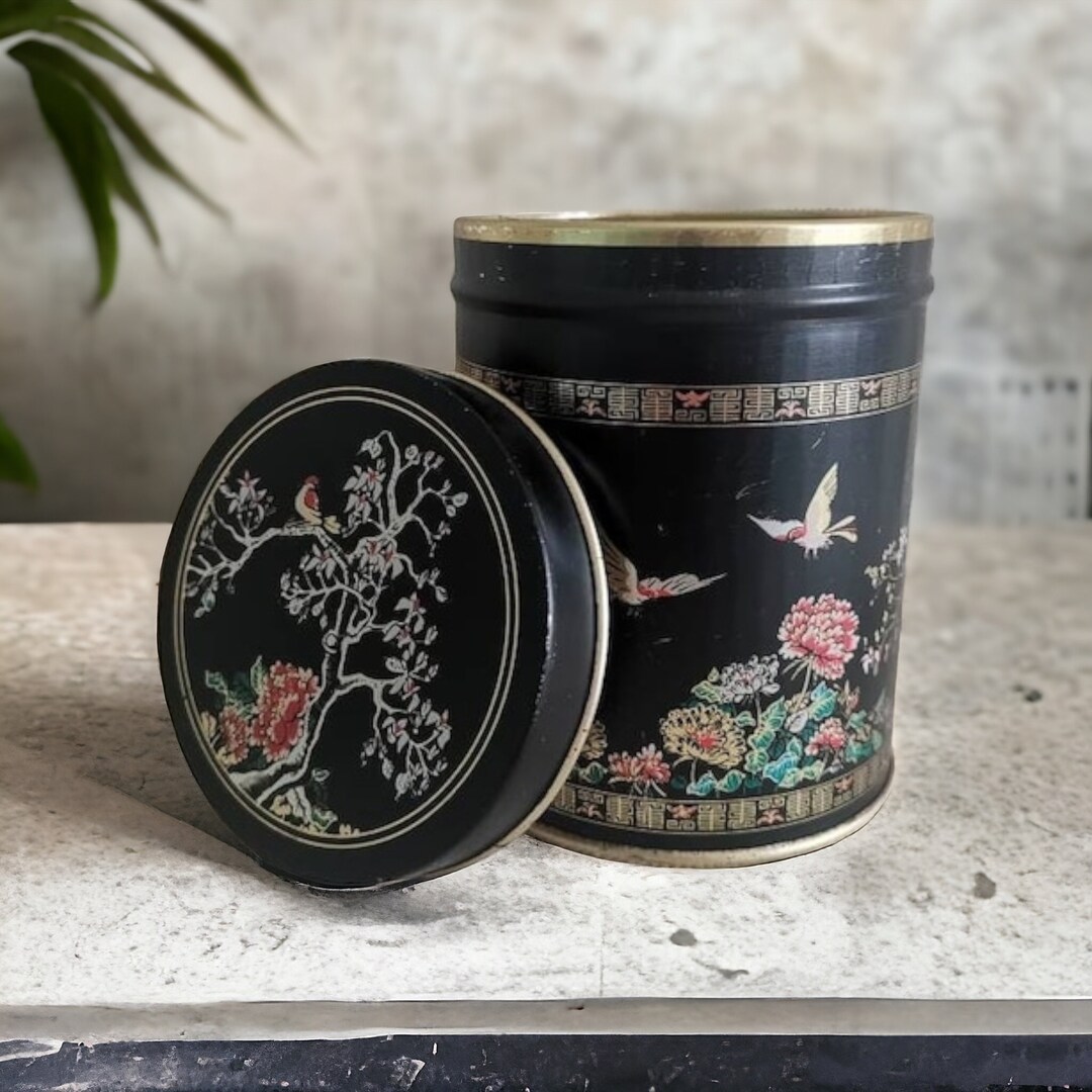 Vintage Tin Lidded Round Box With Chinese Motif, Loose Tea Storage, Tea ...