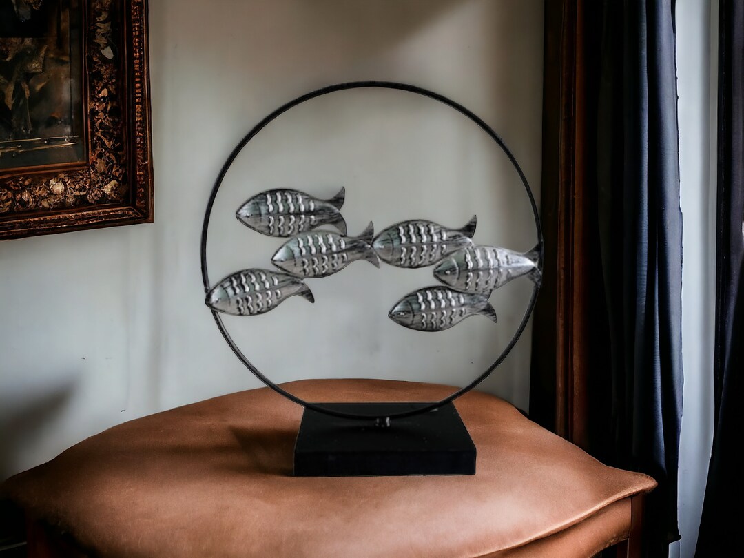 Metal Fish Decor, Round Fish Statue, Fish Lake House Decor, Silver Fish ...