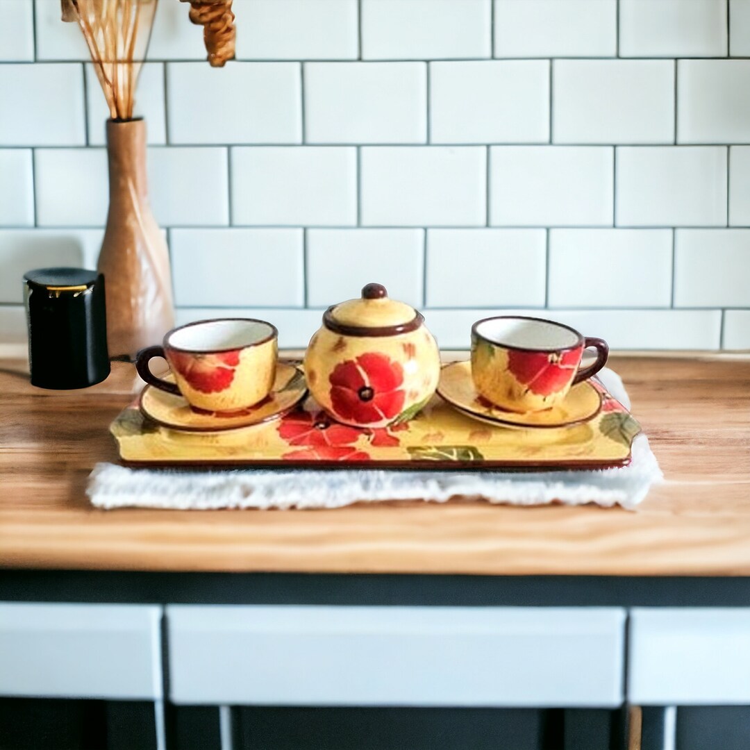 Vintage Flowered Ceramic Coffee Set for Two With Tray and Sugar Bowl ...