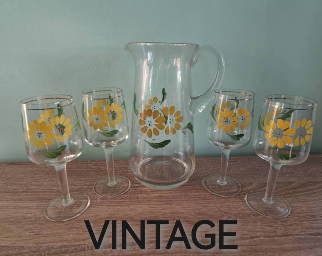 Vintage Hand Painted Glass Pitcher With 4 Glasses, Sangria Pitcher ...