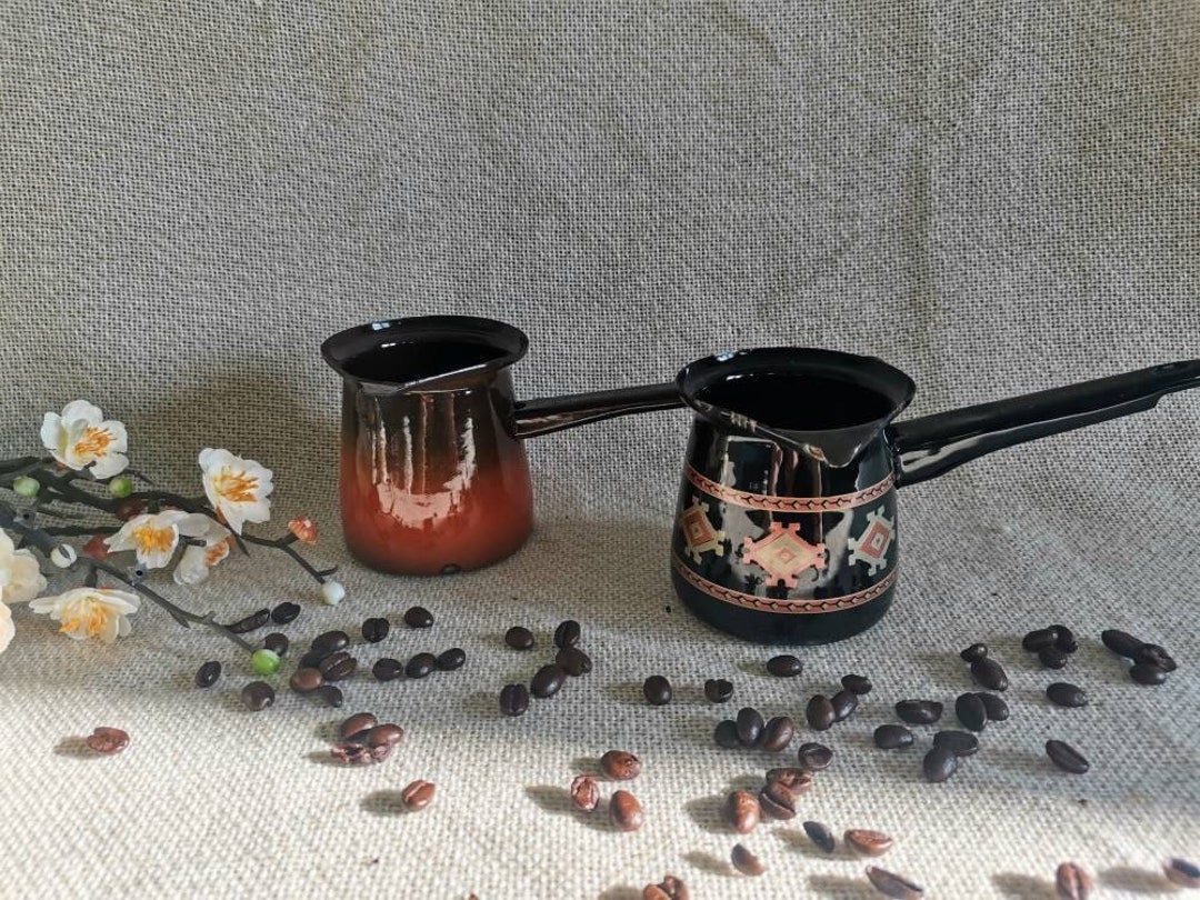 Vintage Colorful Enamel Coffee Pot, Enamel Cezve, Butter Warmer ...