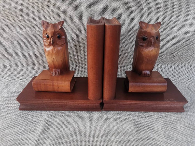 Vintage Wooden Hand Carved Bookends With Owls Cute Bookends - Etsy