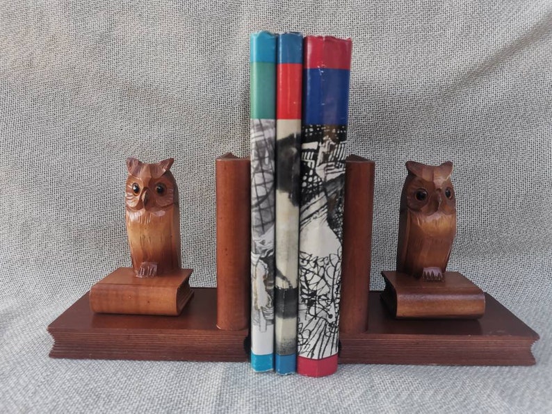 Vintage Wooden Hand Carved Bookends With Owls, Cute Bookends, Book ...