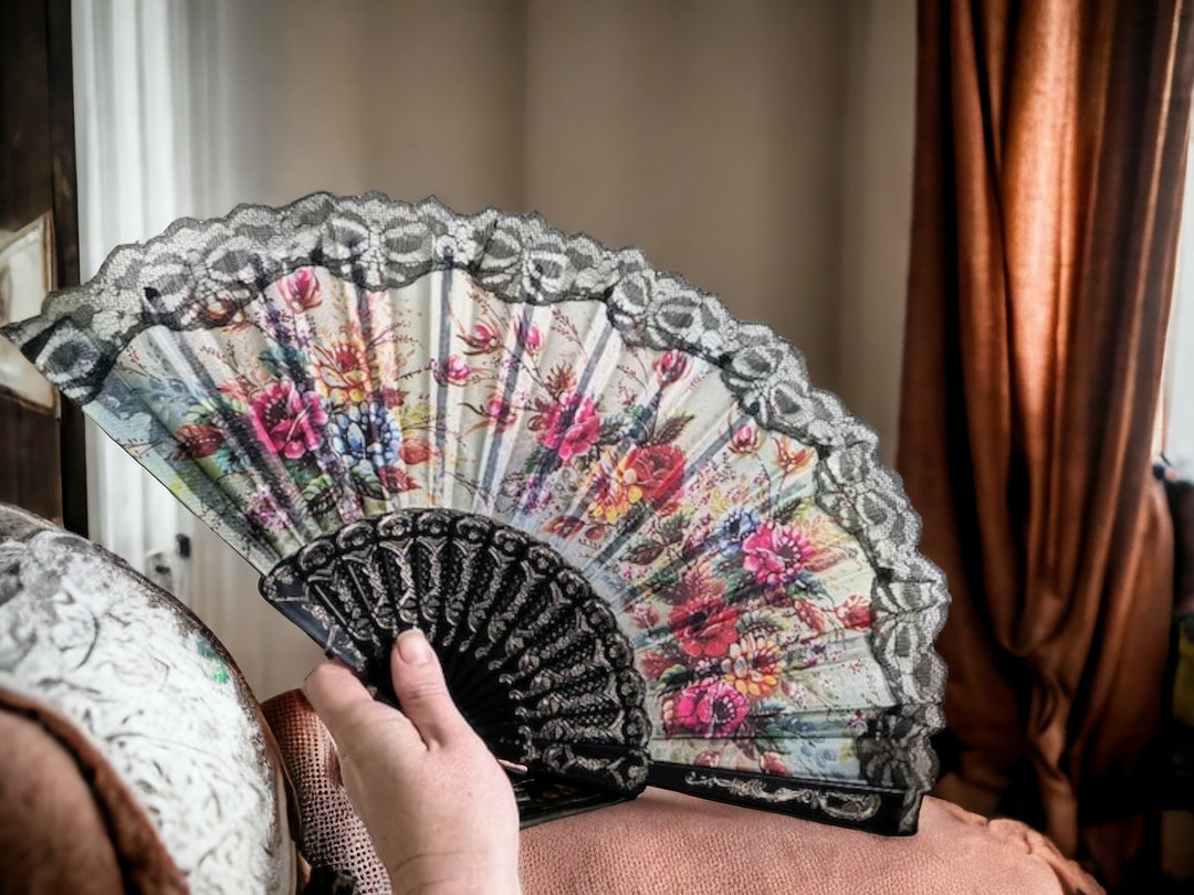 Vintage Black and Beige Hand Fan, Fabric and Lace Hand Fan, Flamenco ...