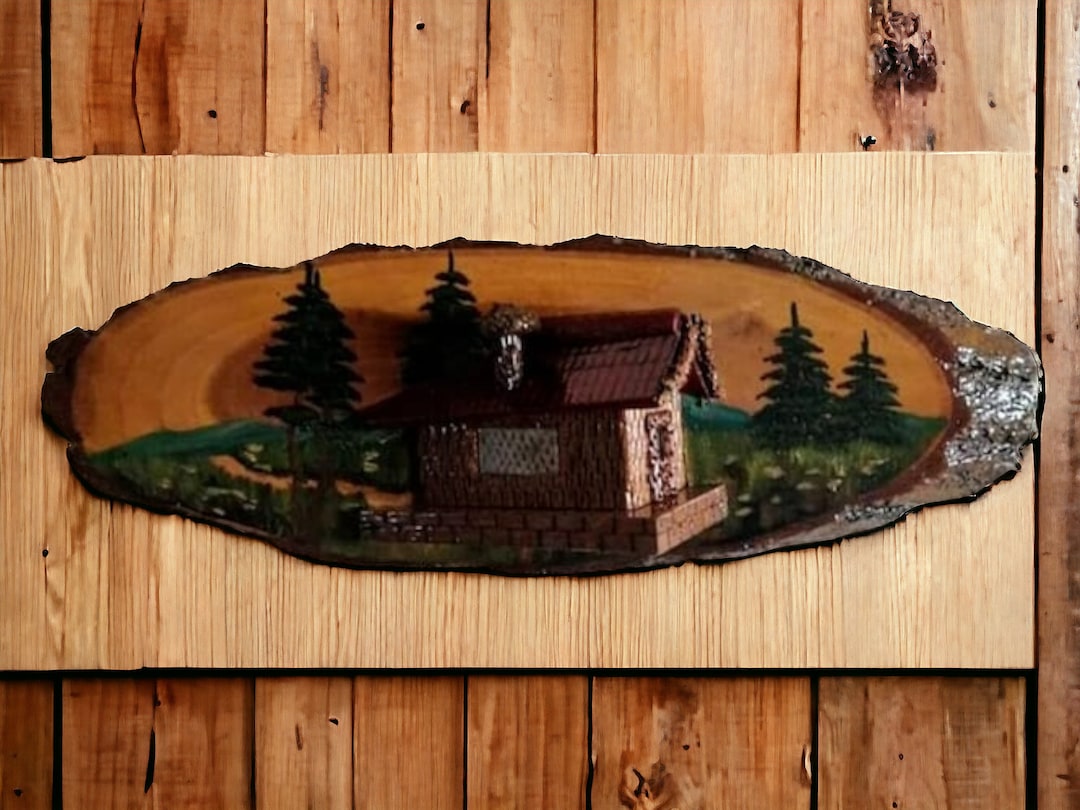 Hand-painted Wooden Log Cabin Wall Decor: Retro Landscape Art - Etsy