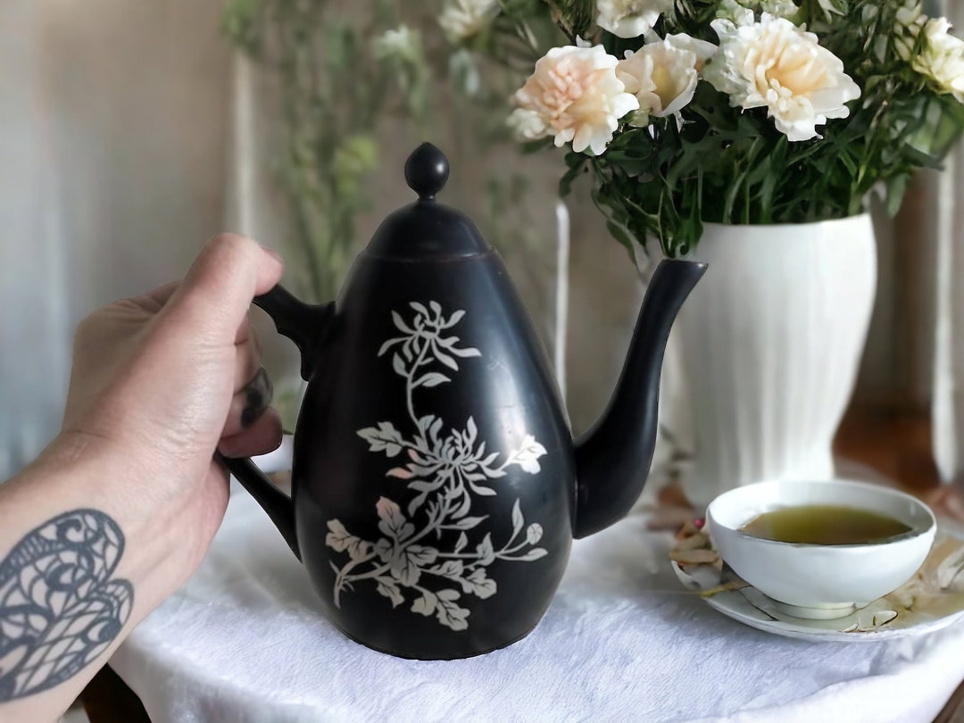 Antique Chinese Black Lacquer Teapot: Hand-painted Silver Flowers ...