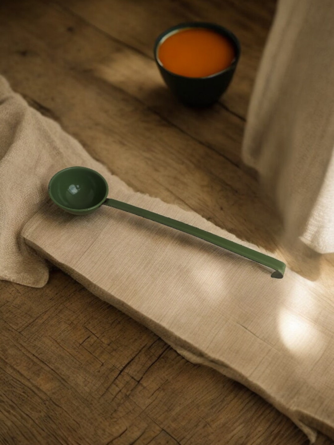 Vintage Green Enamel Ladle: Long Handle Soup Serving Spoon, Rustic ...
