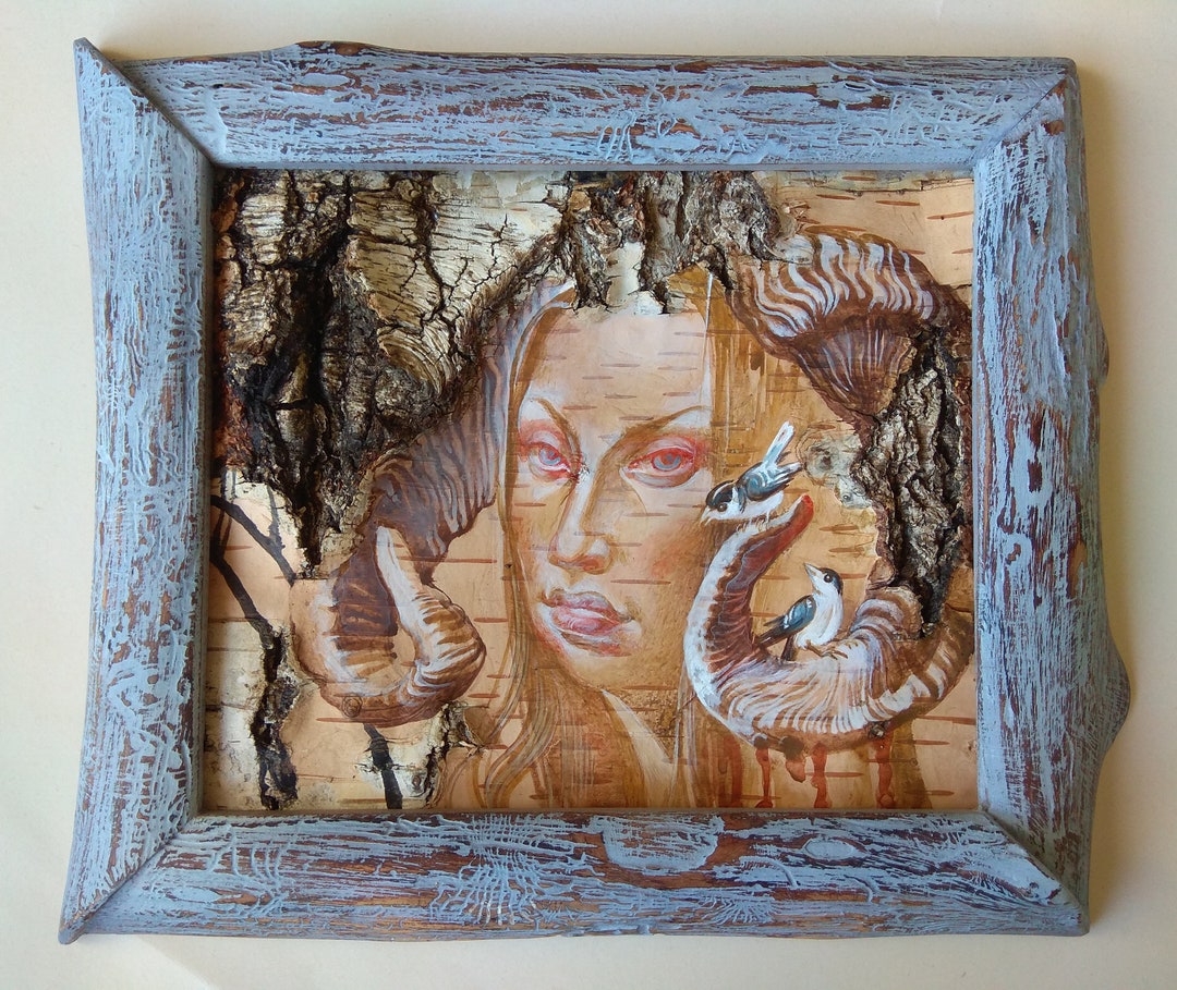 Elf Girl With Fantastic Horns. Original Artwork on Natural Birch Bark ...