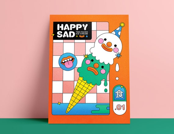 Happy Sad Ice Cream Illustrated Art Print. 5x7 Wall Art. | Etsy