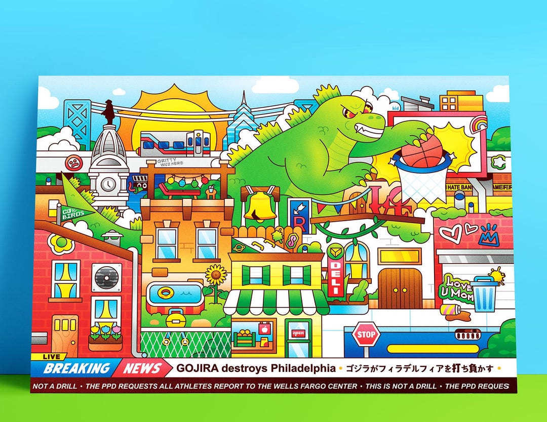 Giant Lizard Slam Dunking Art Print | Philadelphia Skyline | Fun Urban ...