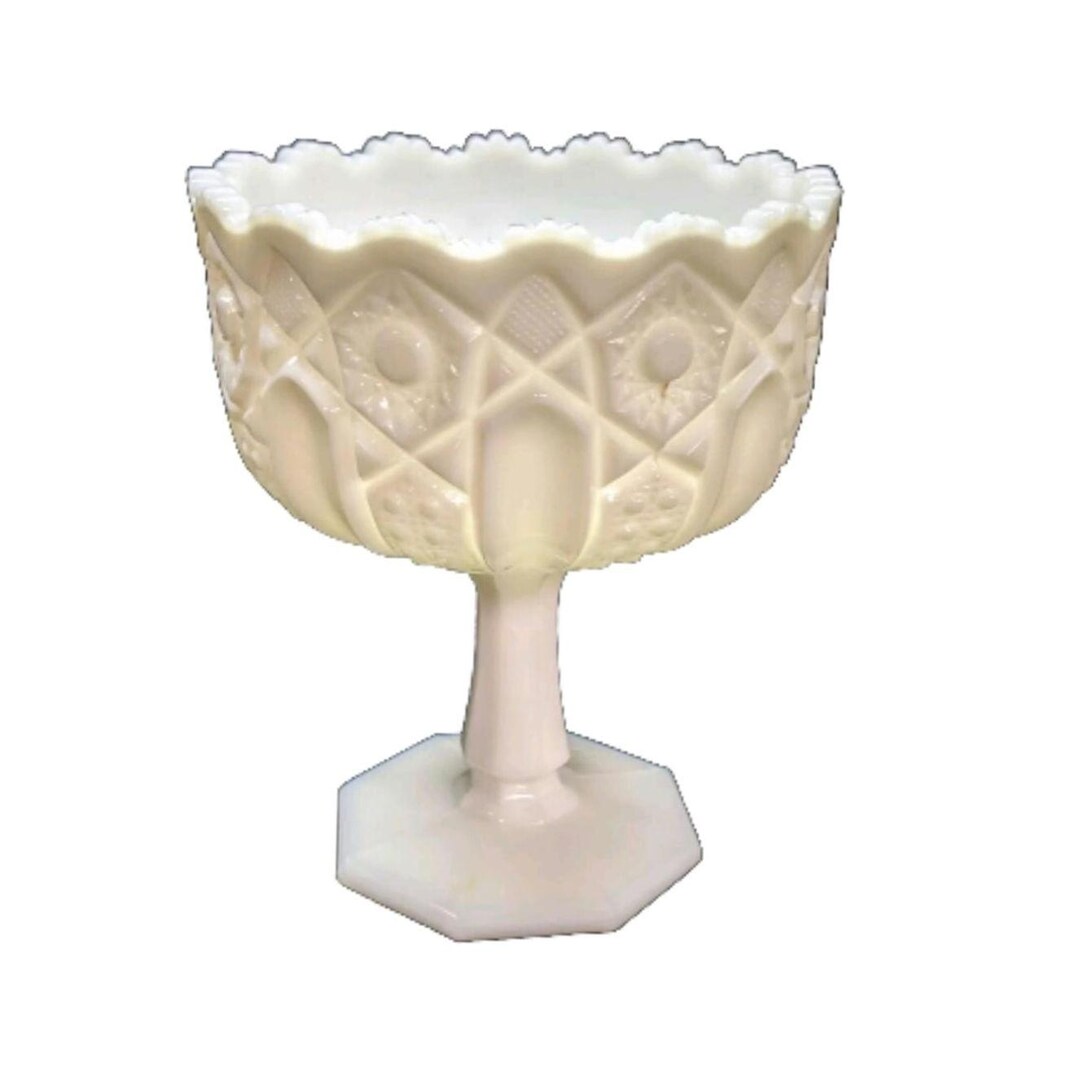 Vintage Mckee Milk Glass Compote: Button & Stars Pattern, Ruffle Edge ...