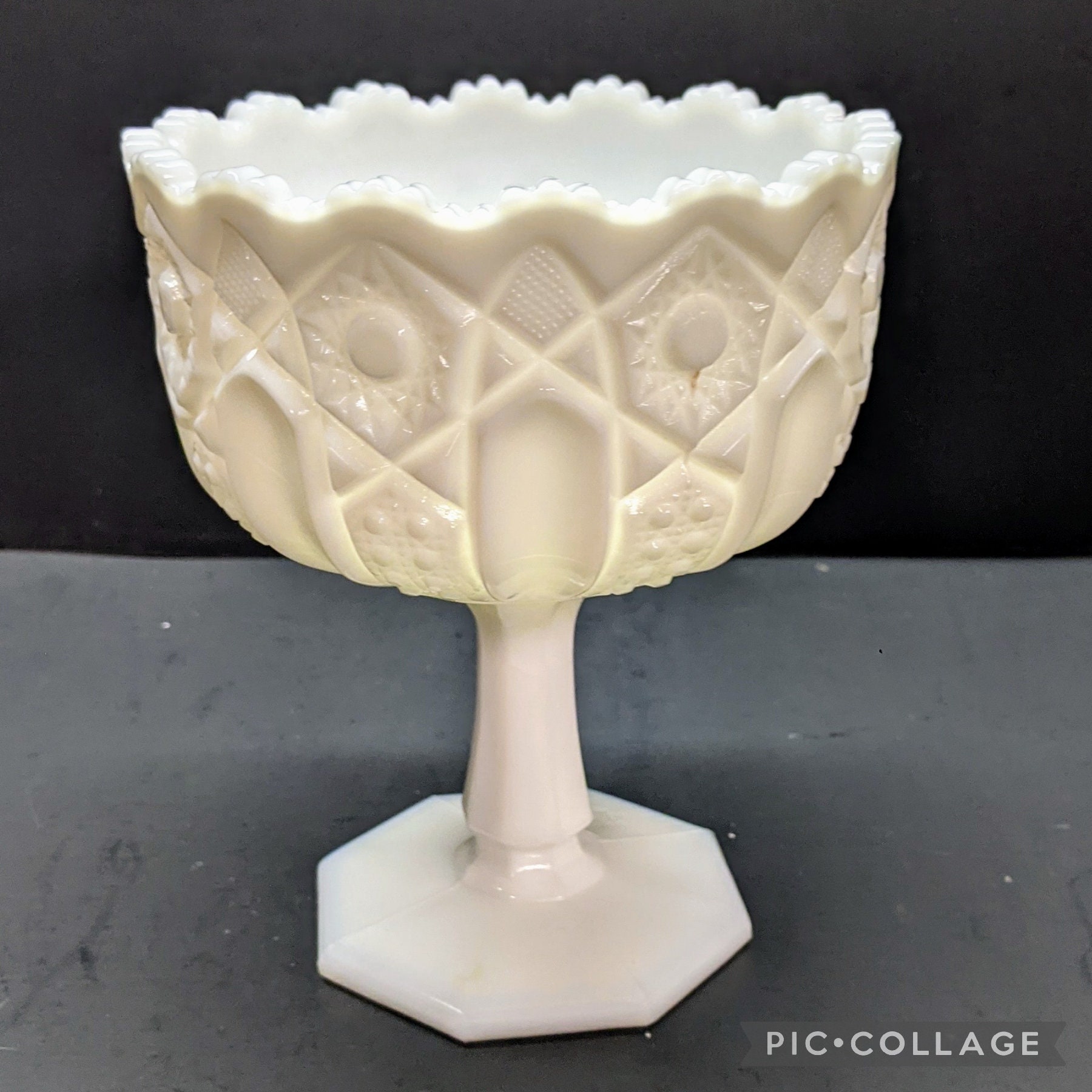 Vintage Mckee Milk Glass Compote: Button & Stars Pattern, Ruffle Edge ...