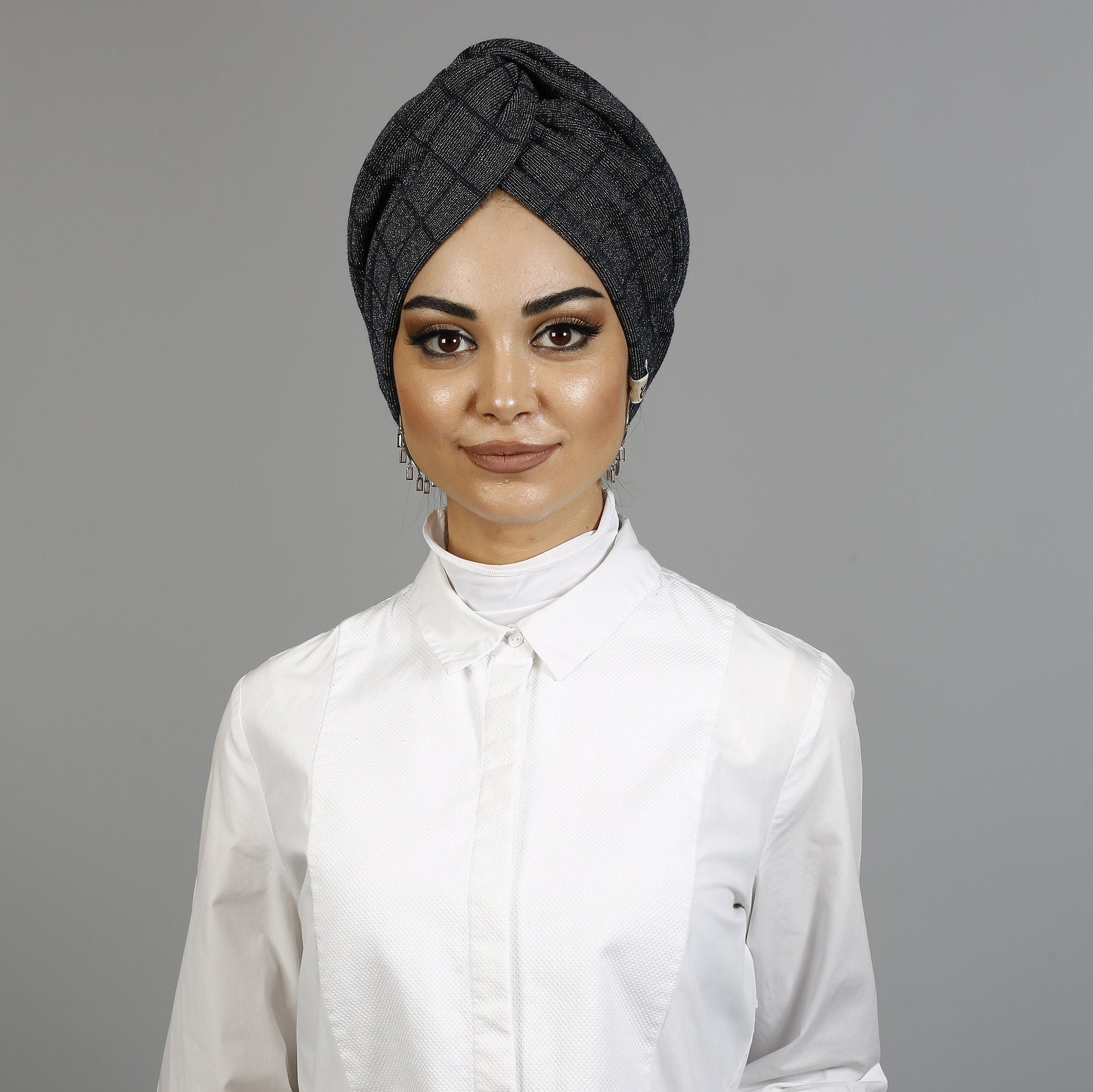 Checkered Navy Turban, Hijab Knot Headwrap, Pre-tied Head Wrap, Chemo ...