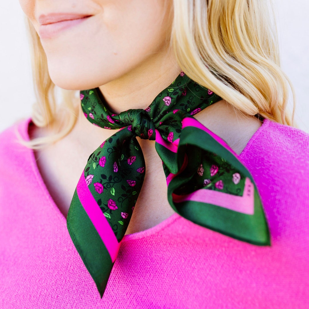 Green Silk Scarf & Floral Silk Bandana, Real Mulberry Silk Hair Scarf ...