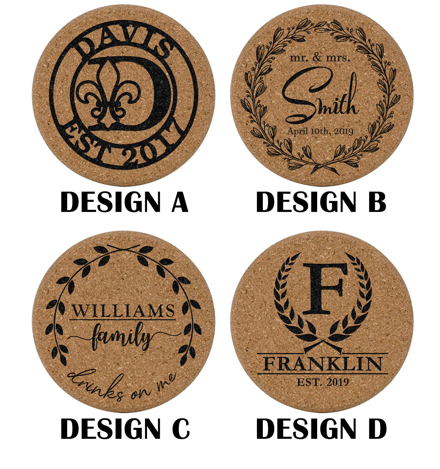Personalized Laser Engraved Cork Coasters With Holder – Set of 4, 6 or ...