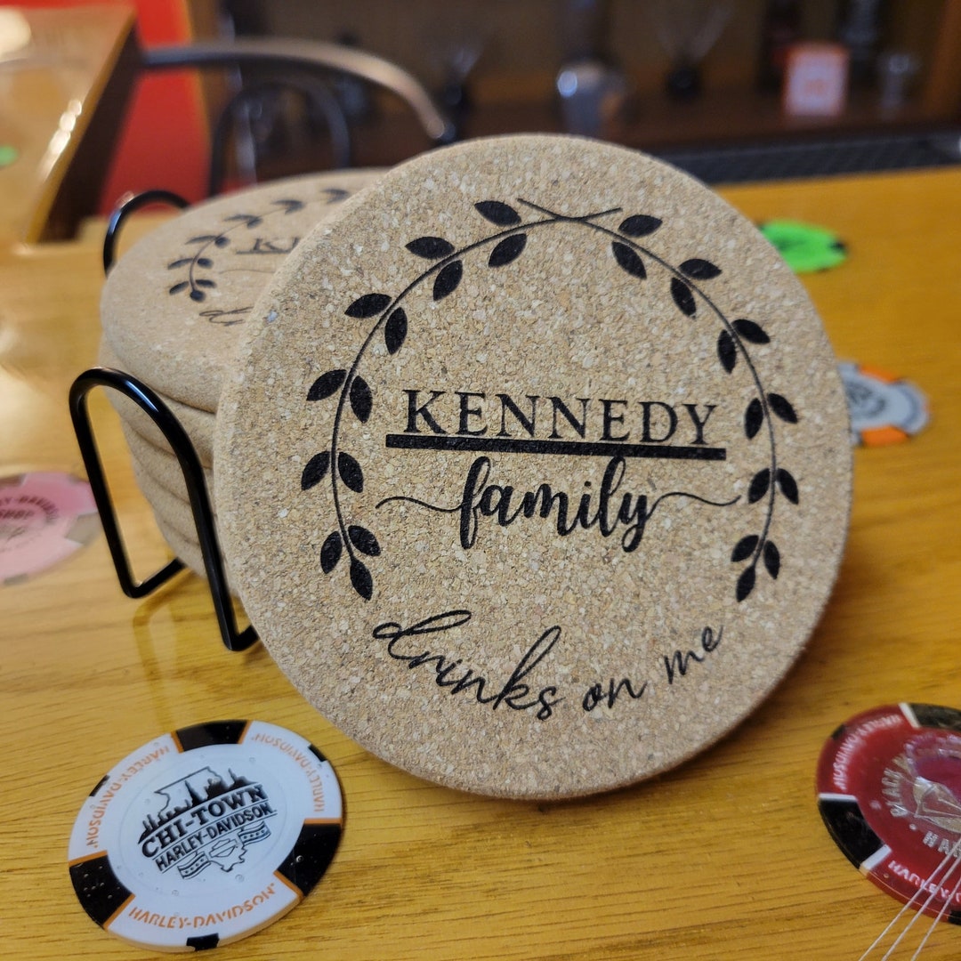 Personalized Laser Engraved Cork Coasters With Holder – Set of 4, 6 or ...