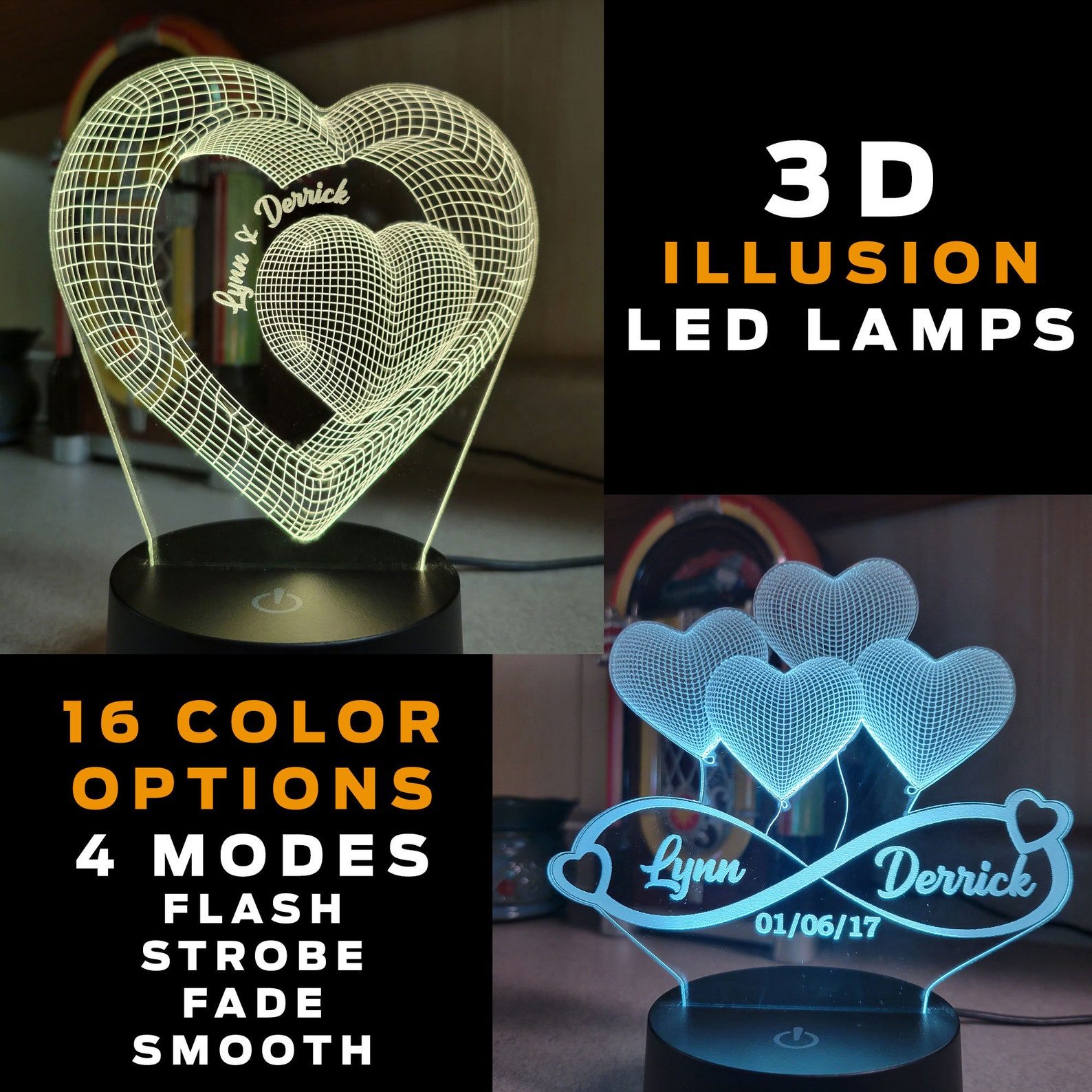 Personalized 3D Illusion Floating Heart LED Lamp 16 Colors and 4 Modes ...