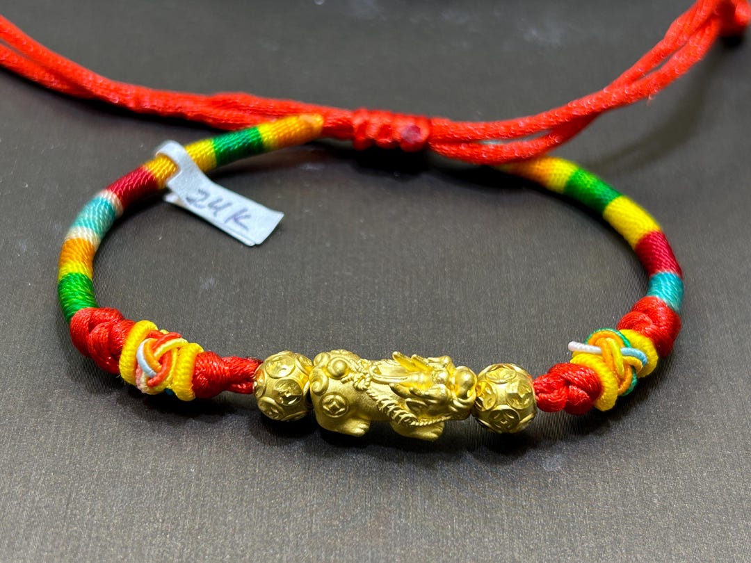 24k Yellow Gold Lucky Dragon Pixiu Beaded Adjustable Chinese Red String ...