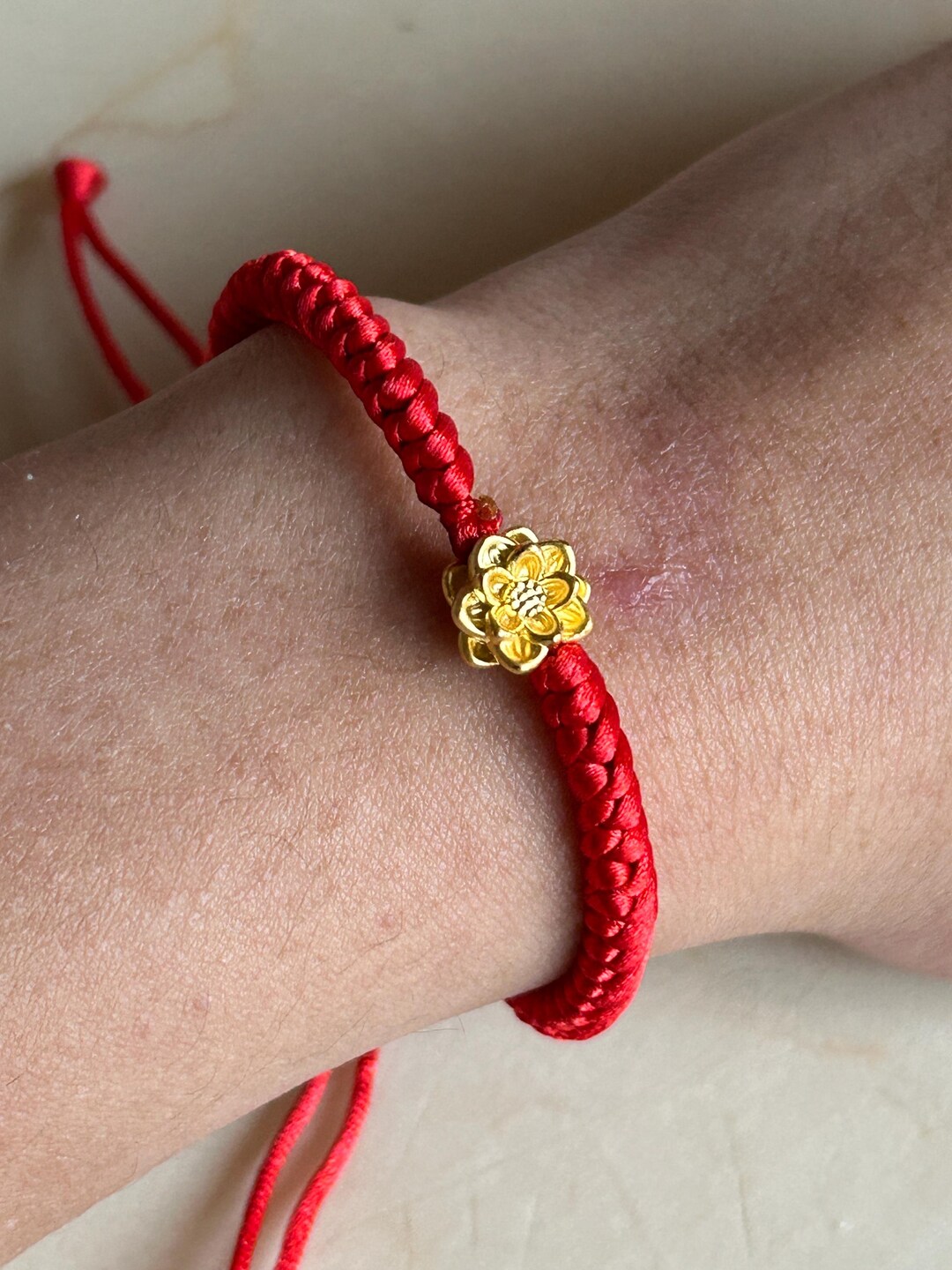 24k Yellow Gold Lucky Lily Flower Piyao Pixiu Beaded Adjustable Chinese ...