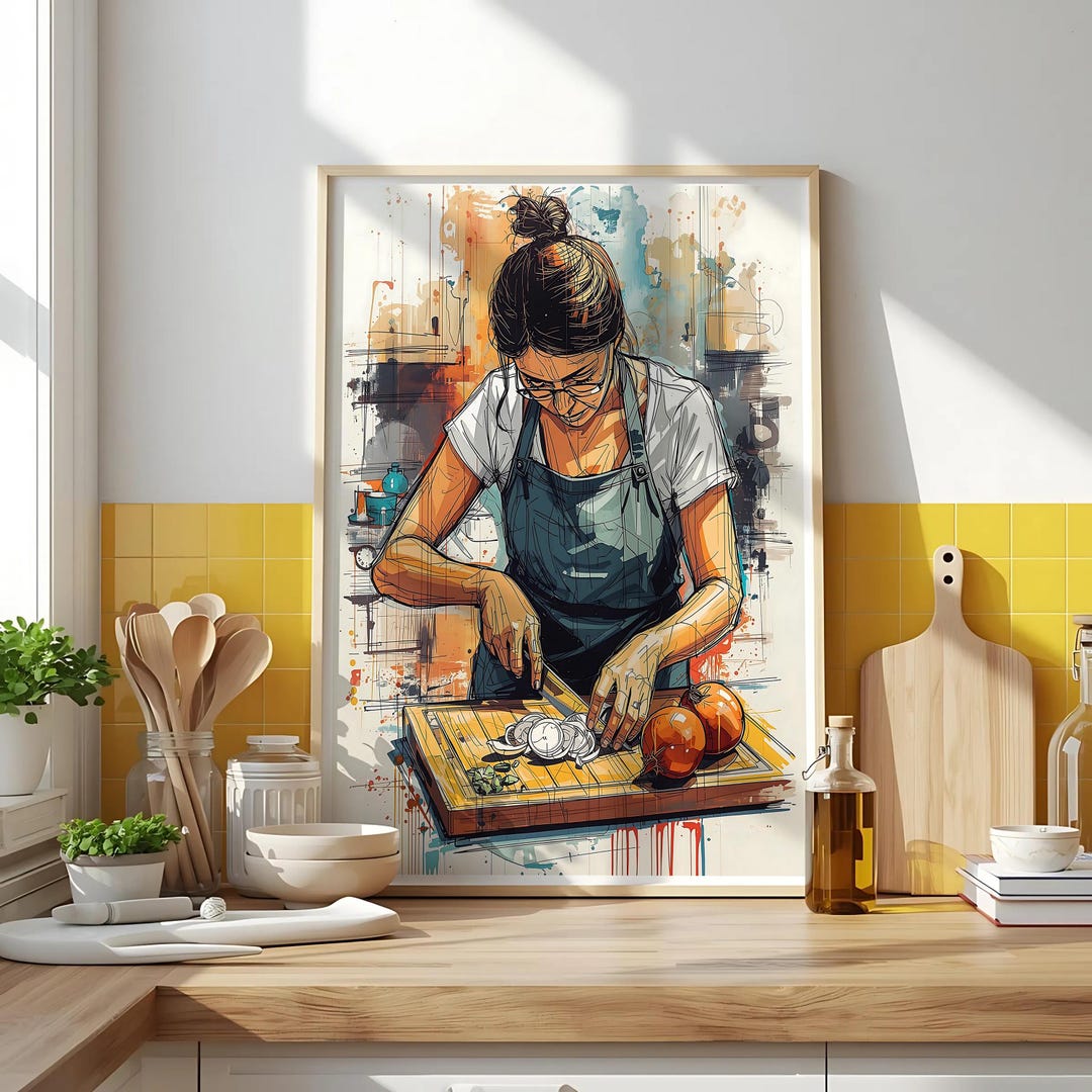 Modern Kitchen Wall Art Print Woman Cooking Illustration Digital ...