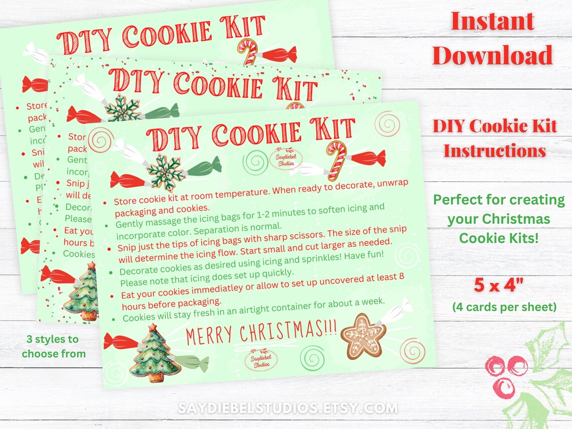 Christmas DIY Cookie Kit Instruction Card, Christmas Cookie Kit Card ...