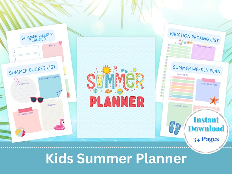 Printable SUMMER Planner Bundle, Kids Summer Bucket List, Summer Chore ...