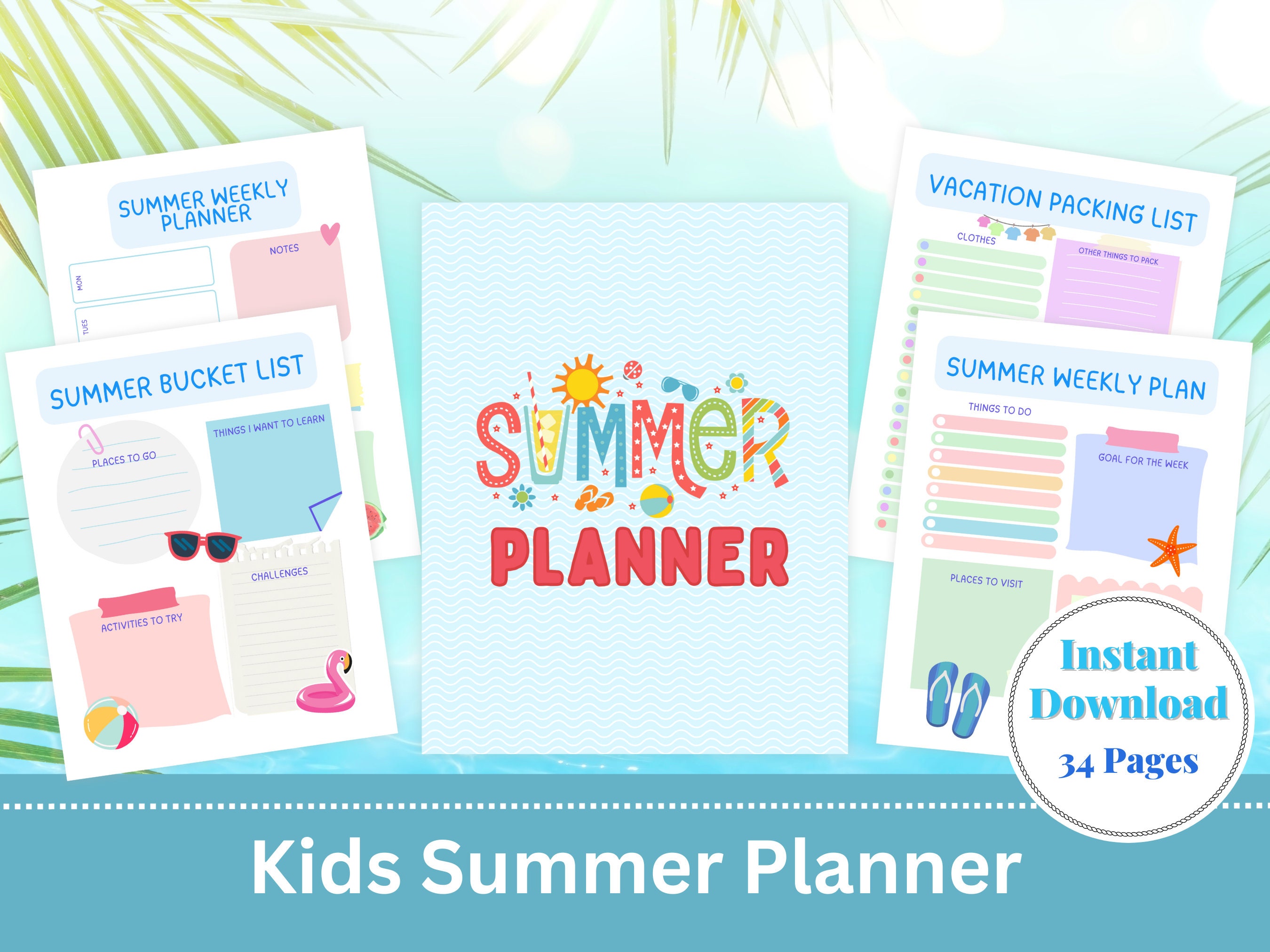 Printable SUMMER Planner Bundle, Kids Summer Bucket List, Summer Chore ...