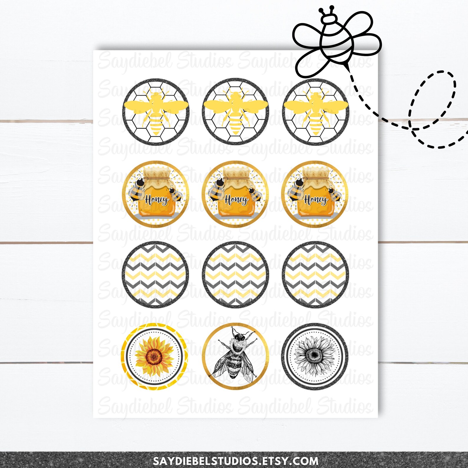 Honey Bee Cupcake Toppers: Printable Bumble Bee Stickers (PDF) - Etsy
