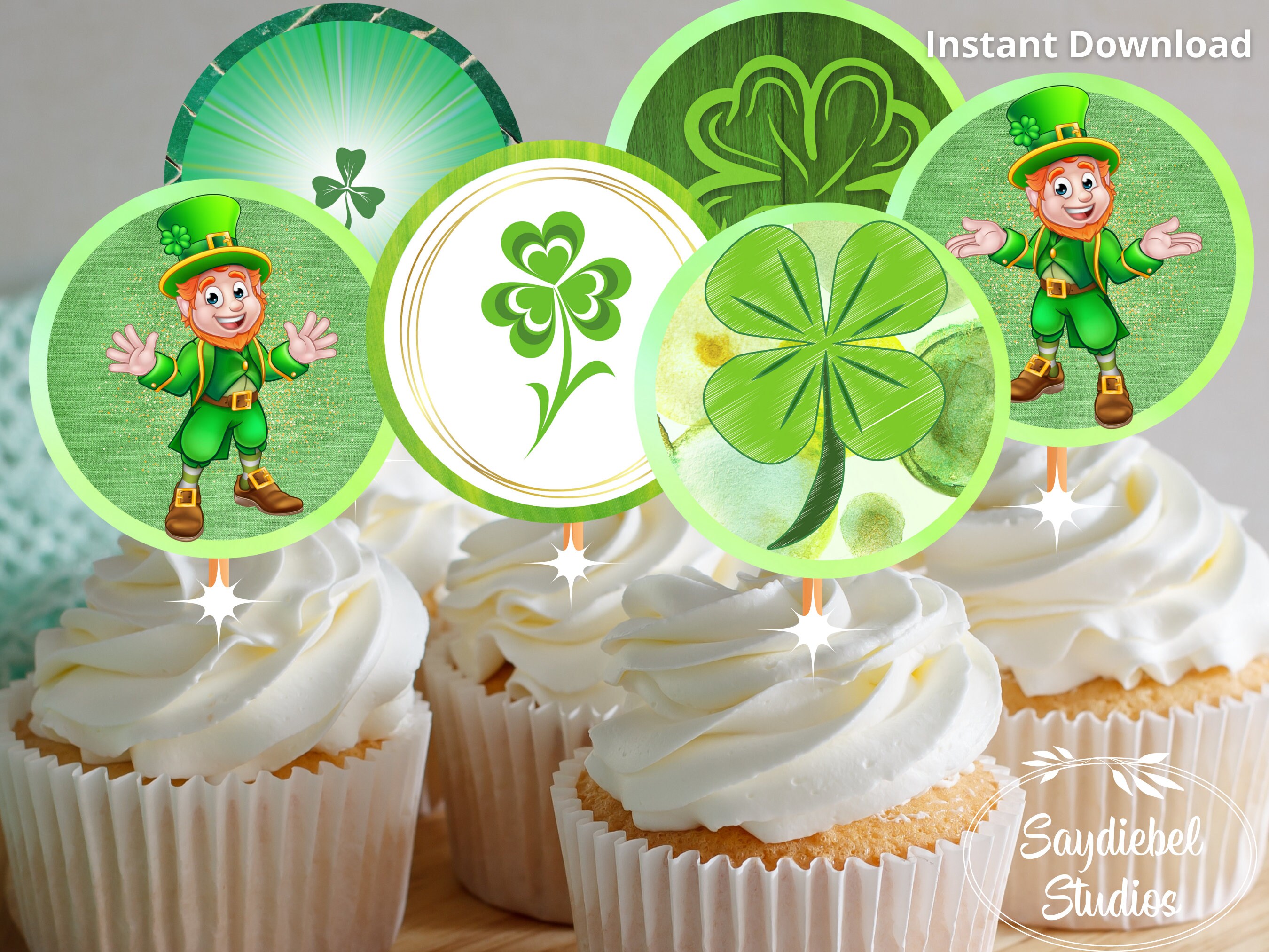 St Patrick's Day Cupcake Toppers: Shamrocks & Leprechauns (PDF) - Etsy