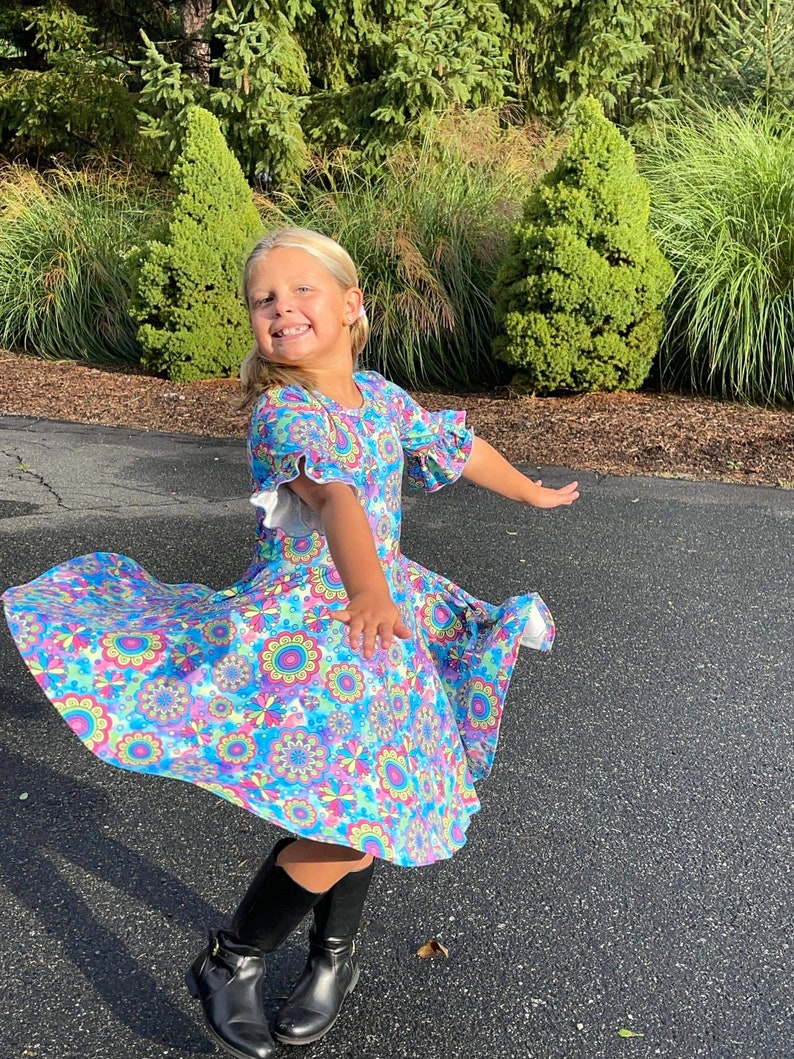 Retro 70s Twirly Paisley Dress, Floral, Rainbow, Pockets, Twirl, Kids ...