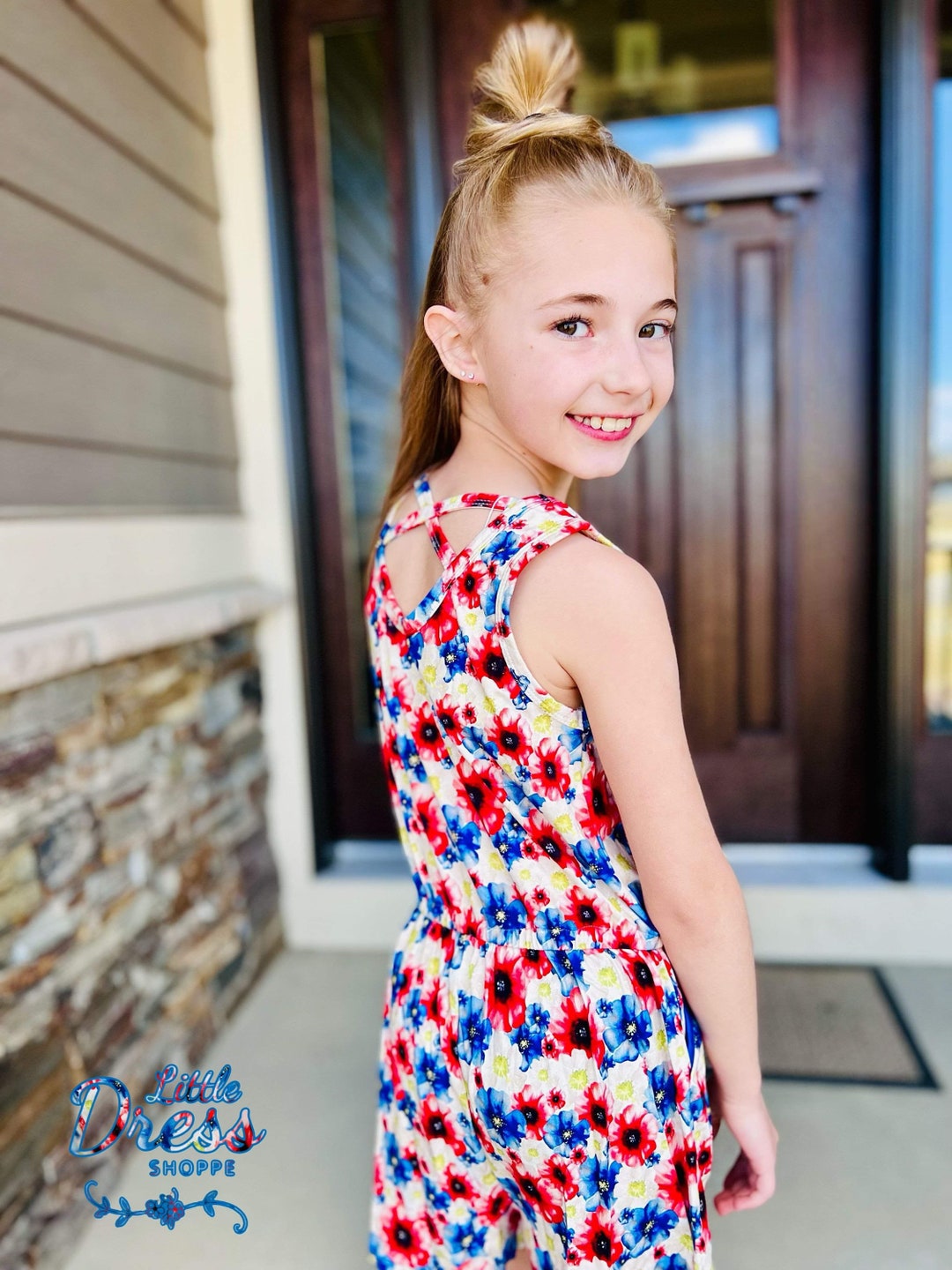 Bamboo Floral Red White and Blue Romper, 4th of July, Pockets, Girls ...