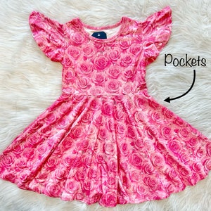 Rose Twirly Dress, Flutter Sleeve, Girls, Pockets, Twirl, Little Dress ...
