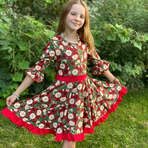 Christmas Rose Twirly Dress, Holiday, Green, Red, Pockets, Kids ...