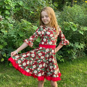 Christmas Rose Twirly Dress, Holiday, Green, Red, Pockets, Kids ...