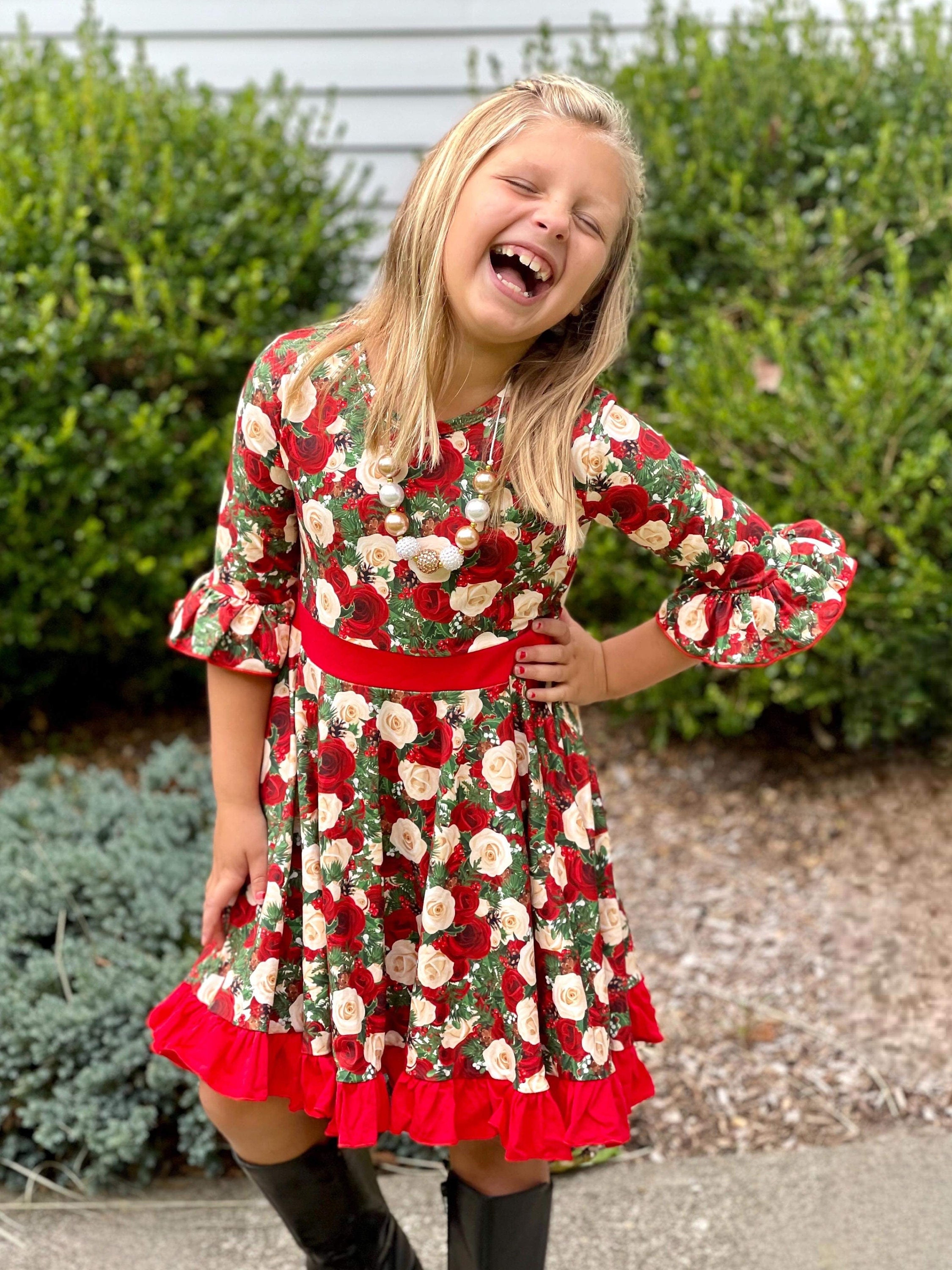 Christmas Rose Twirly Dress, Holiday, Green, Red, Pockets, Kids ...