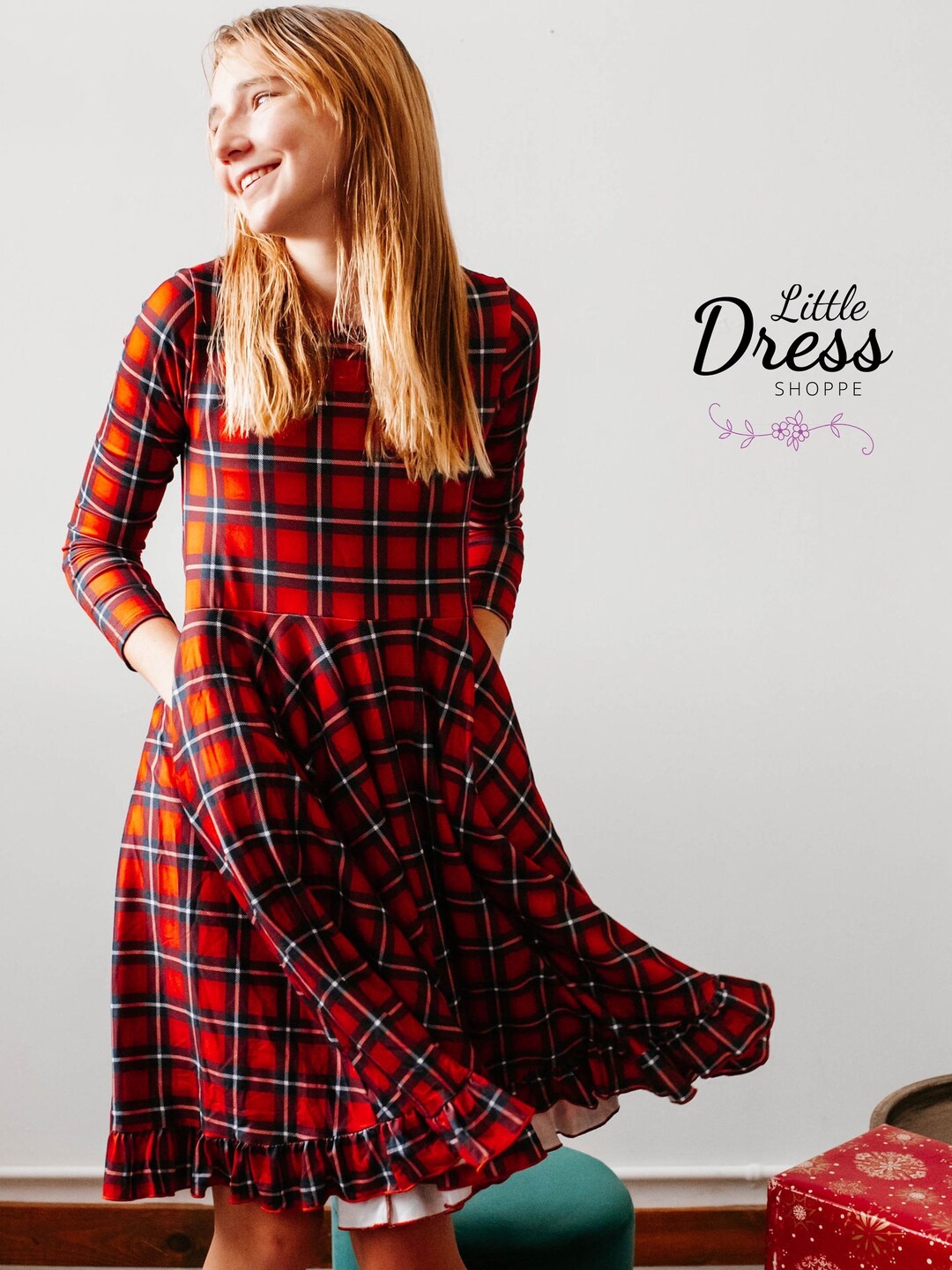 Kids and Teens Long Sleeve Red Plaid Twirly Dress, Twirl, Christmas ...