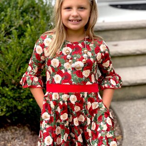 Christmas Rose Twirly Dress, Holiday, Green, Red, Pockets, Kids ...
