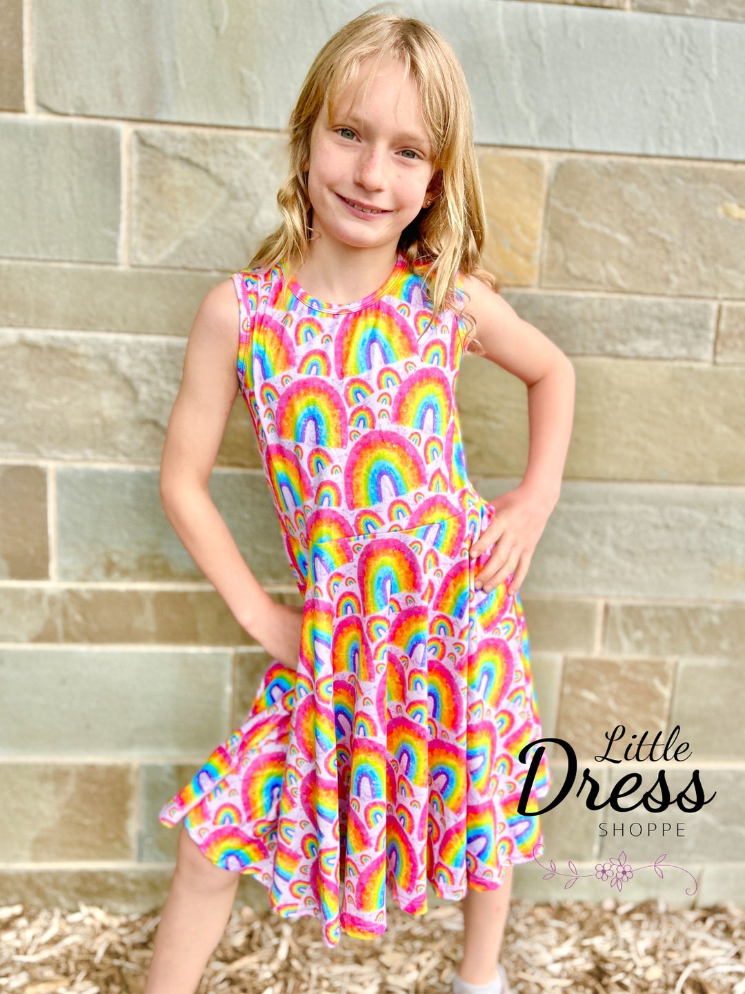 Bright Pink Rainbow Tank Twirly Dress, Girls, Toddler, Pockets, Kids ...
