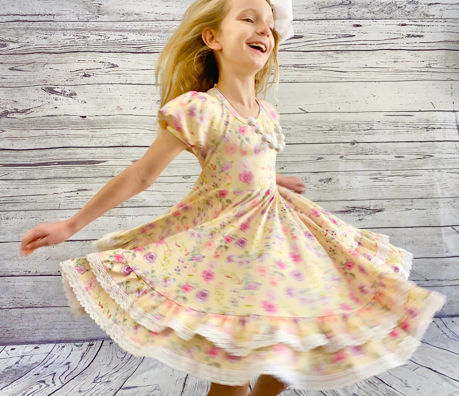 Yellow Floral Double Ruffle Twirly Dress Easter Lace - Etsy