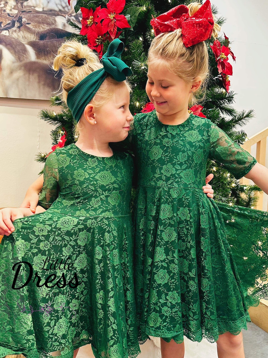 Half Sleeve Green Lace Twirly Dress, Fancy, Christmas, Holiday, Pockets ...