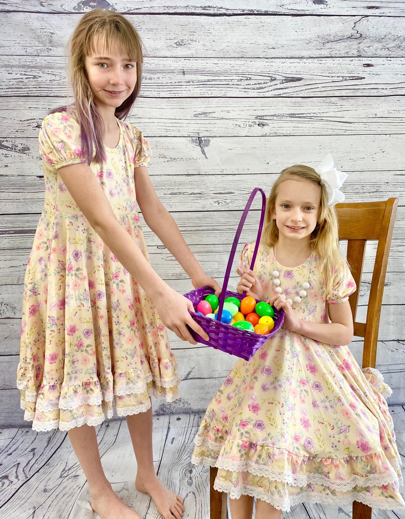 Yellow Floral Double Ruffle Twirly Dress Easter Lace - Etsy