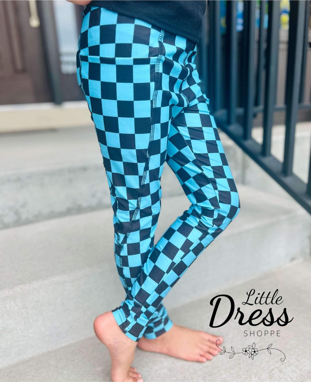 Blue Checker Leggings, Girls, Pocket, Pants, Back to School, Little ...