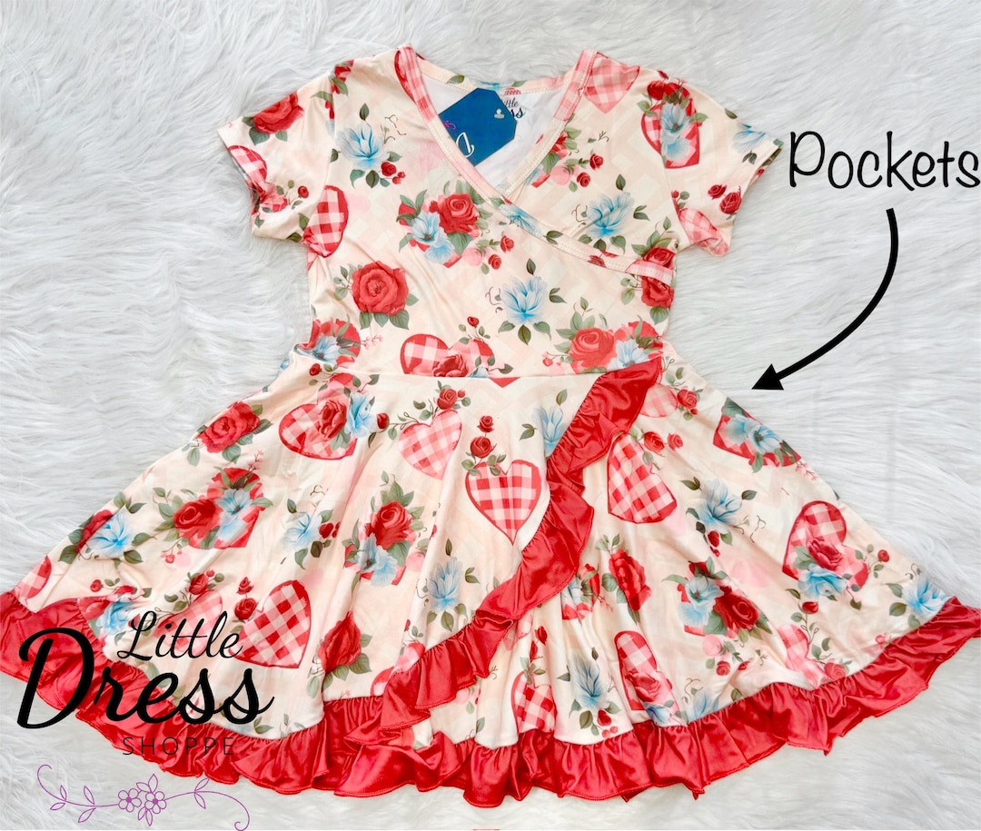 Faux Wrap Valentine's Rose Dress, Red, Little Dress Shoppe, Pockets ...