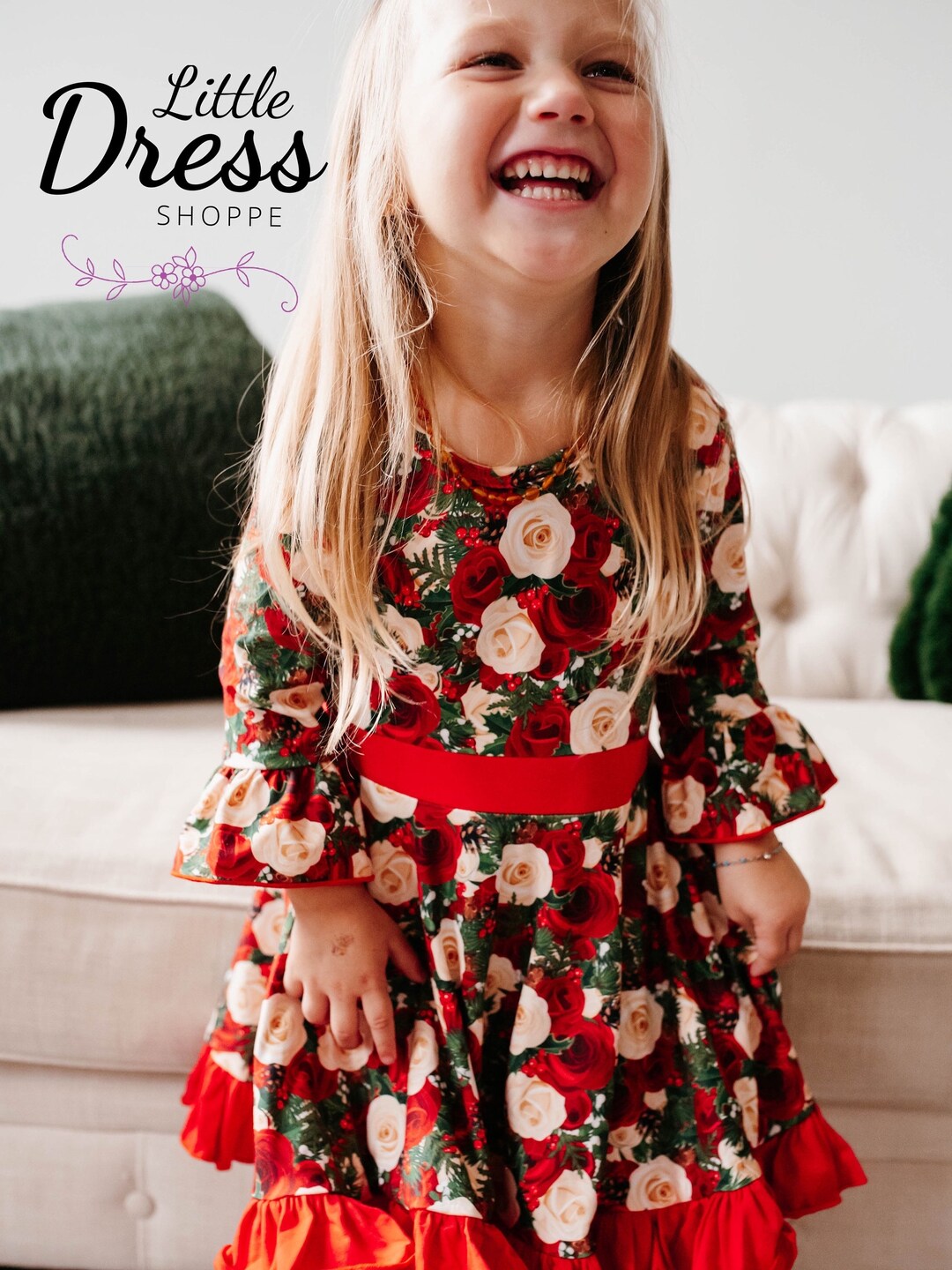 Christmas Rose Twirly Dress, Holiday, Green, Red, Pockets, Kids ...